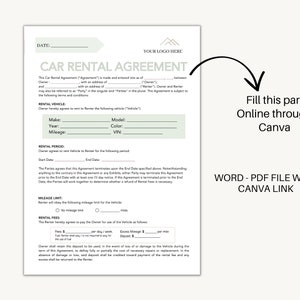 Editable Car Rental Agreement Template, Car Rental Contract, Car Rental ...