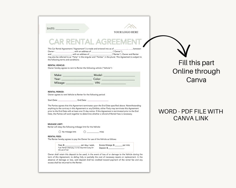 Editable Car Rental Agreement Template, Car Rental Contract, Car Rental ...