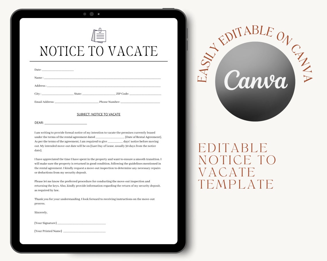 Notice to Vacate Template, Notice to Vacate Letter, Editable Notice to ...
