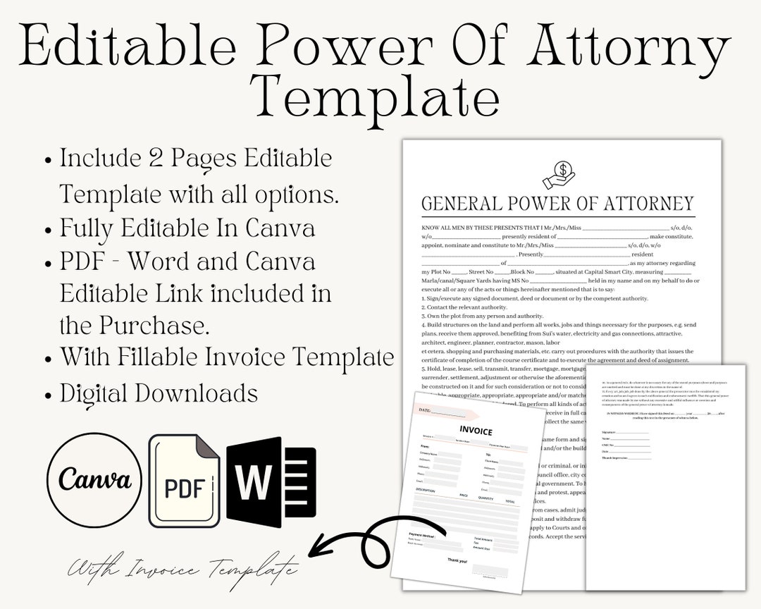 Editable Power of Attorney Template With Invoice Digital Downloads, POA ...