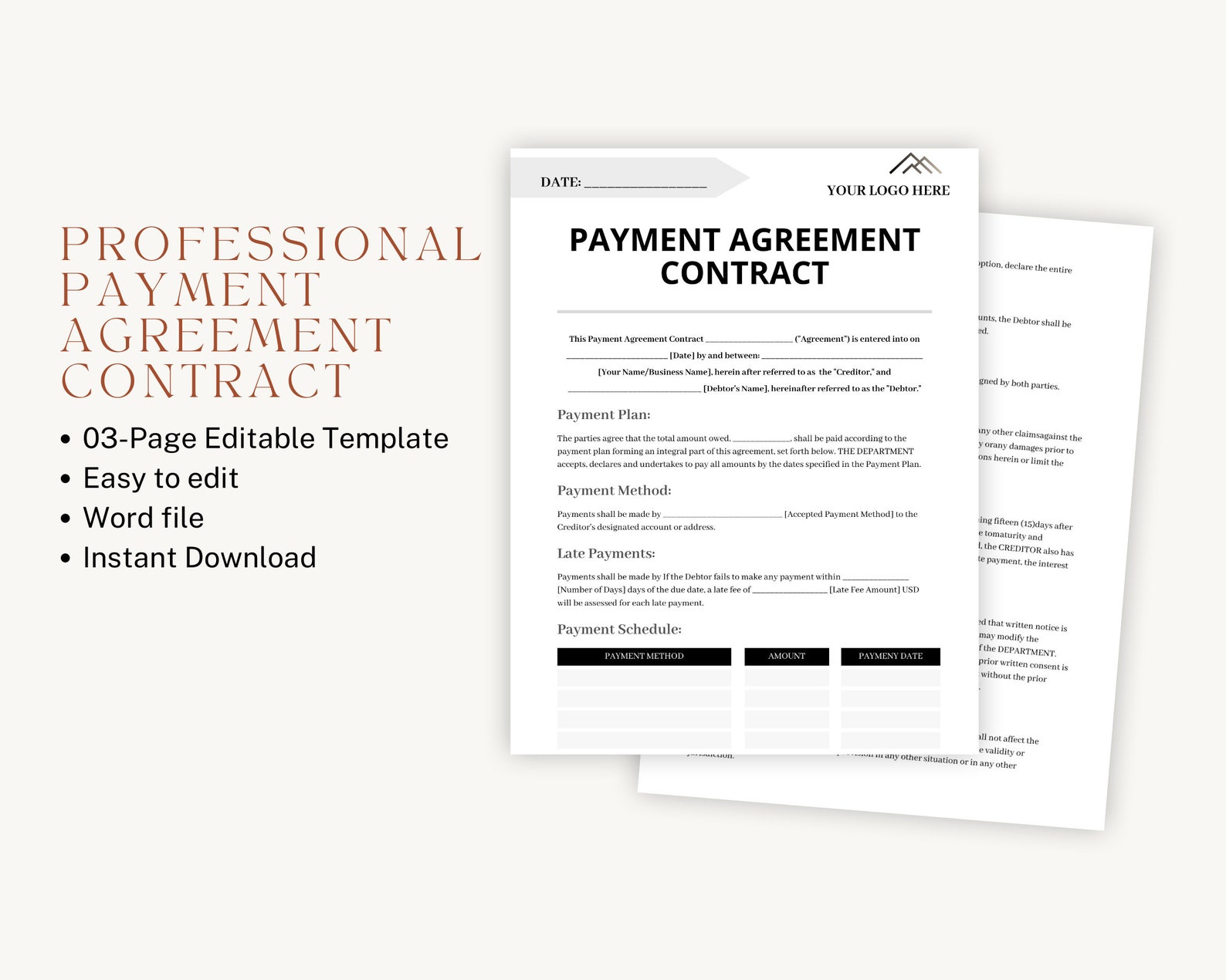 Payment Agreement Contract Template, Payment Plan Agreement, Agreement ...