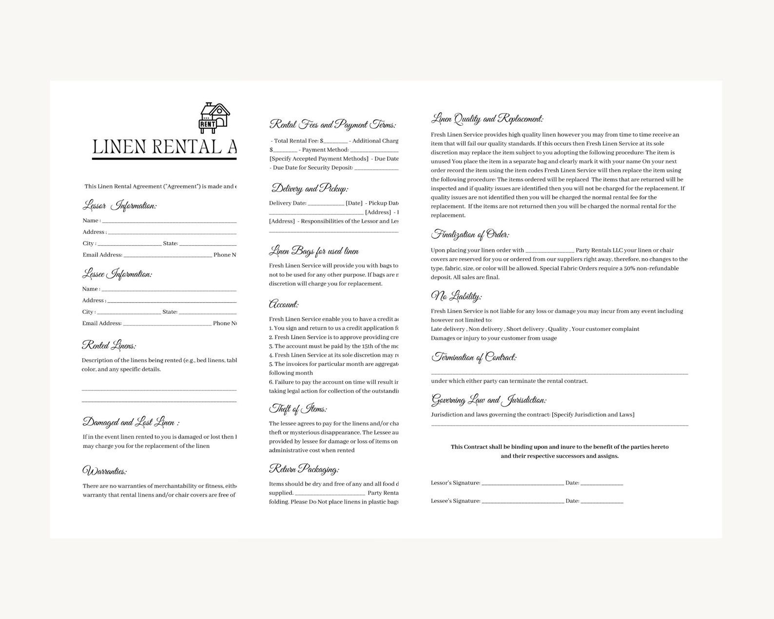 Linen Rental Contract Agreement, Editable Template, Lease Agreement ...