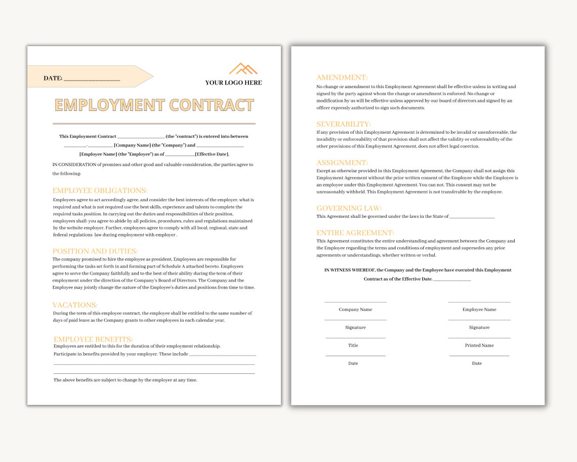 Editable Employment Contract Agreement Template, Employment Job Service ...