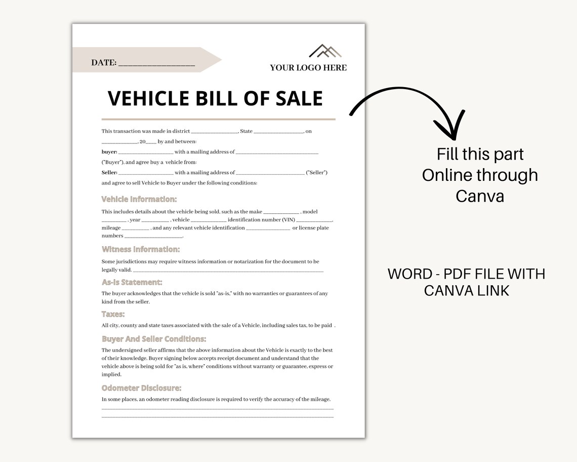Editable Vehicle Bill of Sale Motor Vehicle Sale Contract - Etsy Canada