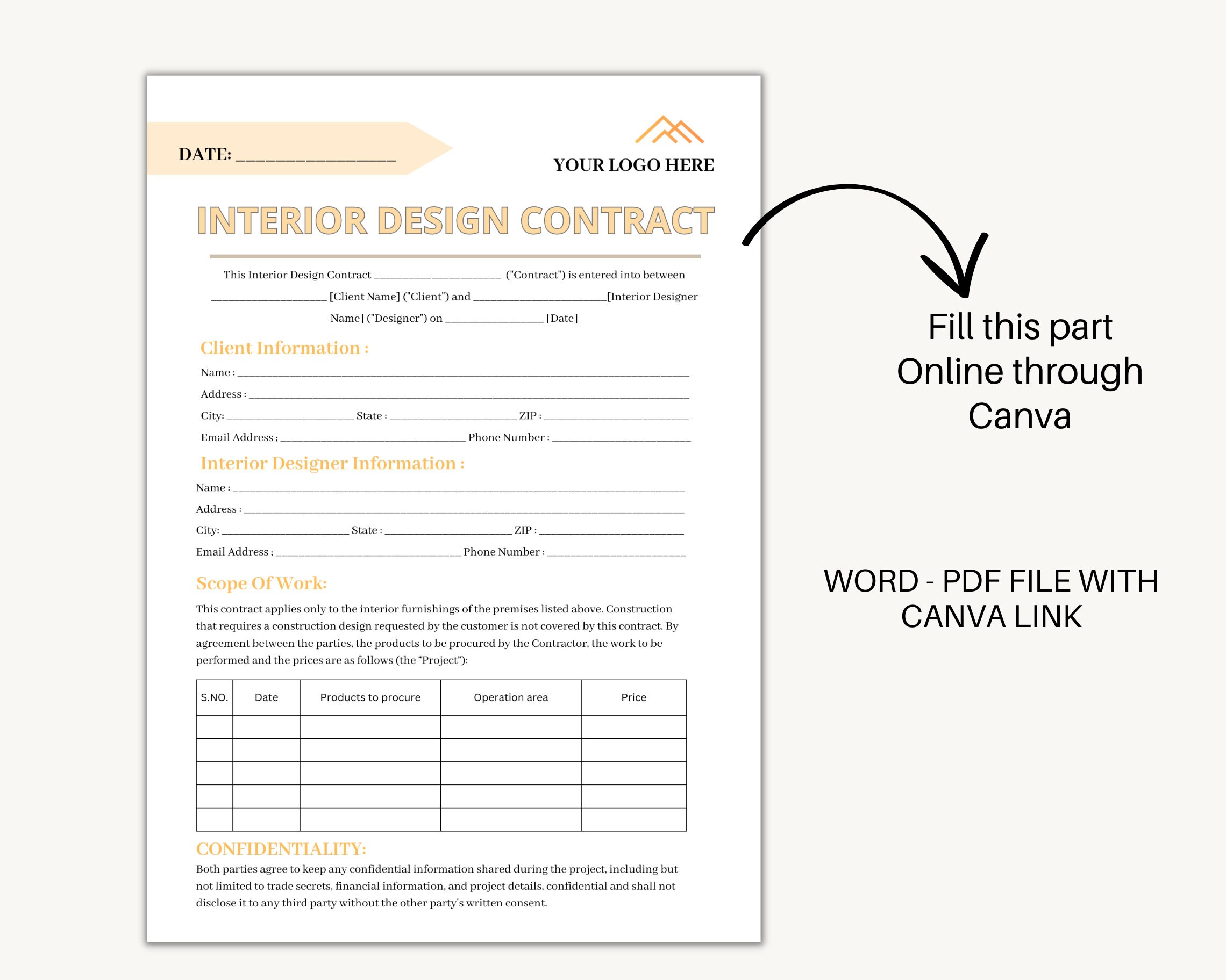 Editable Interior Design Contract Template, Interior Designer Service ...