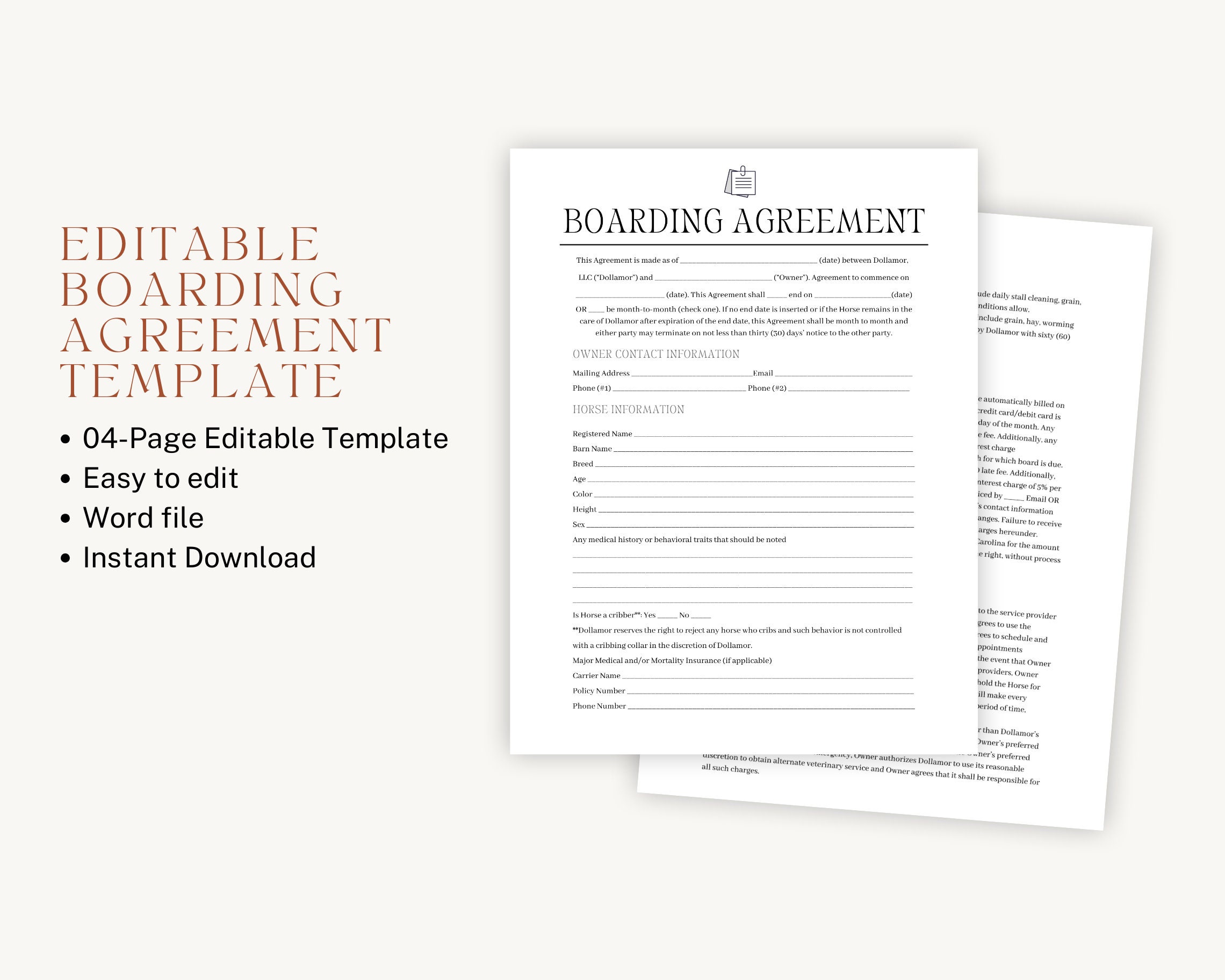 Editable General Boarding Agreement Template, Contract Template, Rental ...