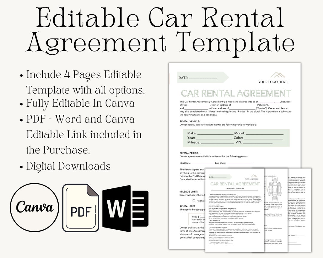 Editable Car Rental Agreement Template, Car Rental Contract, Car Rental ...