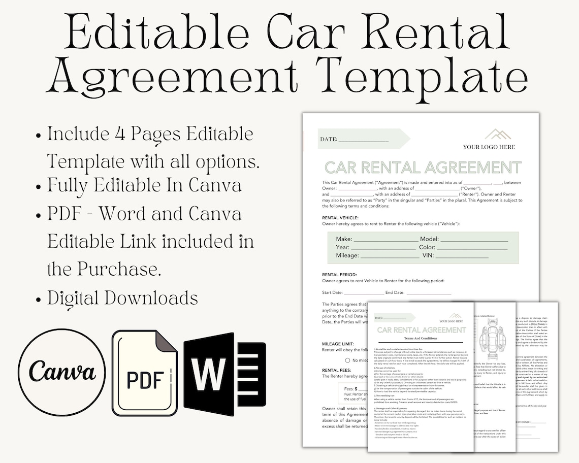 Editable Car Rental Agreement Template, Car Rental Contract, Car Rental ...