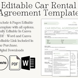 Editable Car Rental Agreement Template, Car Rental Contract, Car Rental ...