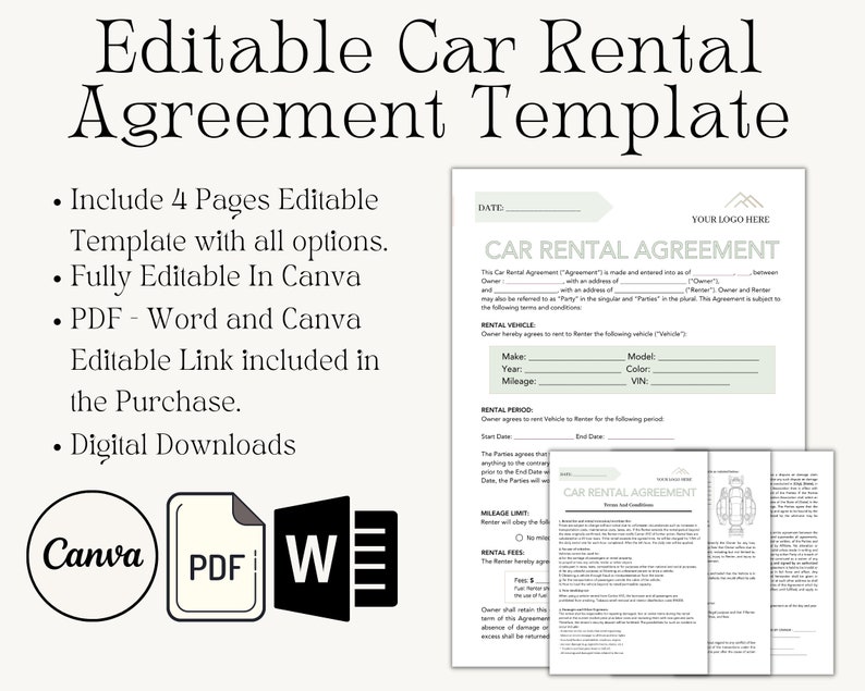 Editable Car Rental Agreement Template, Car Rental Contract, Car Rental ...