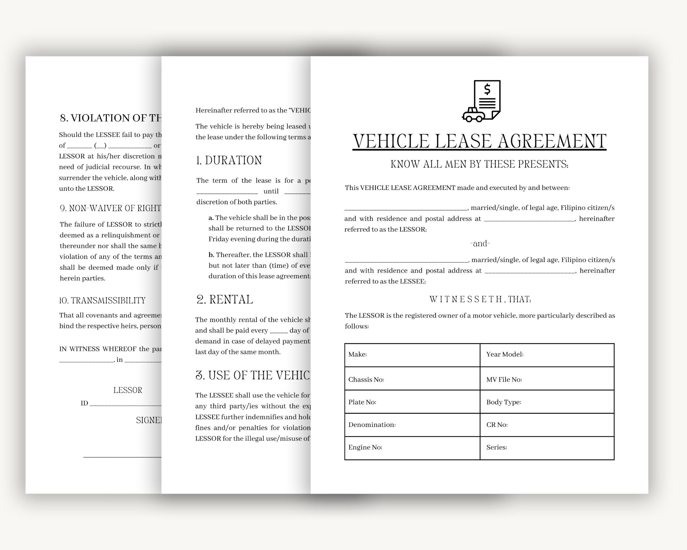 Editable Vehicle Lease Contract Agreement, Motor Vehicle Sale Contract ...