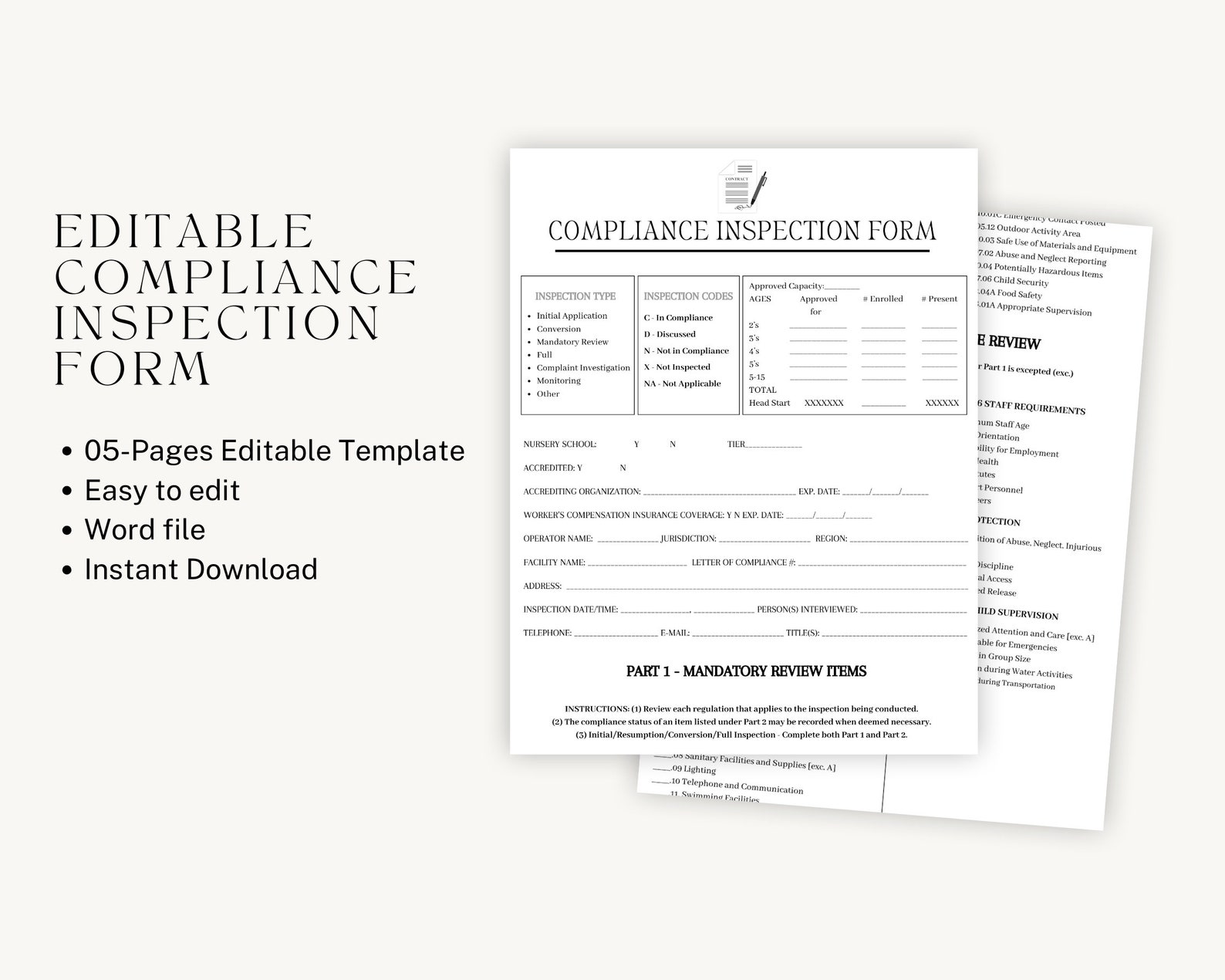 Compliance Inspection Form 5 Pages Editable With Invoice Template ...