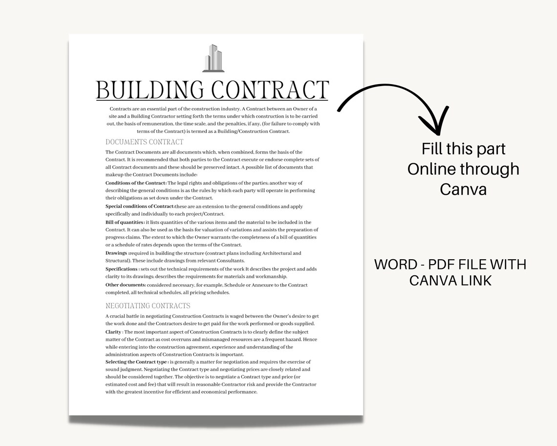 Editable Building Construction Contract Template, Contractor Contract ...