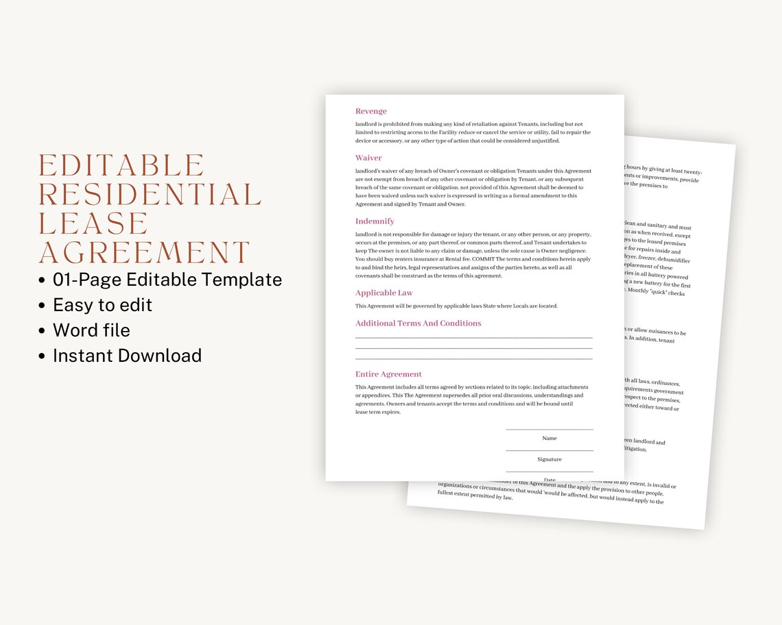 Editable Residential Lease Agreement Template, Rental Agreement ...
