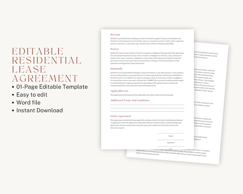 Editable Residential Lease Agreement Template, Rental Agreement ...