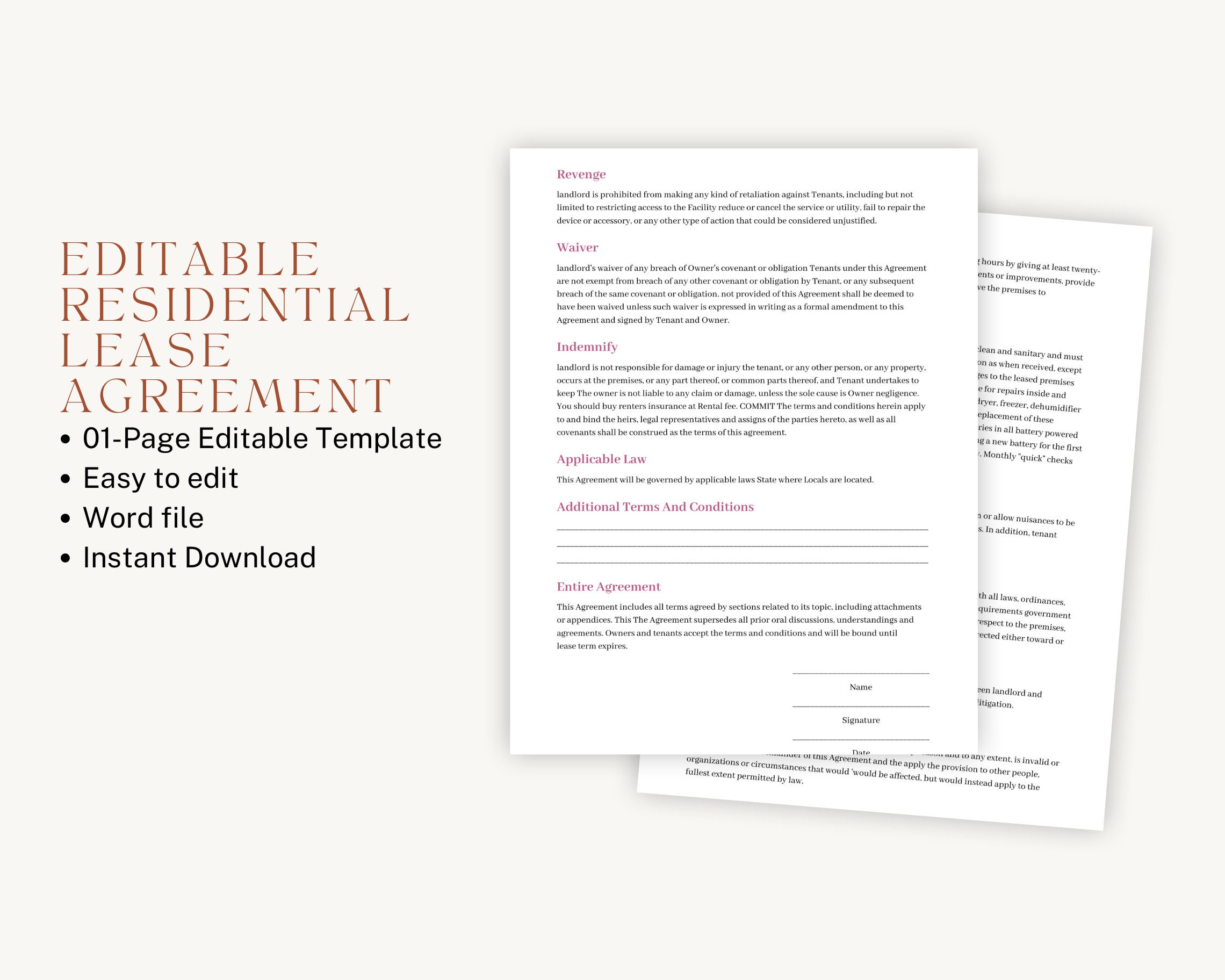 Editable Residential Lease Agreement Template, Rental Agreement ...