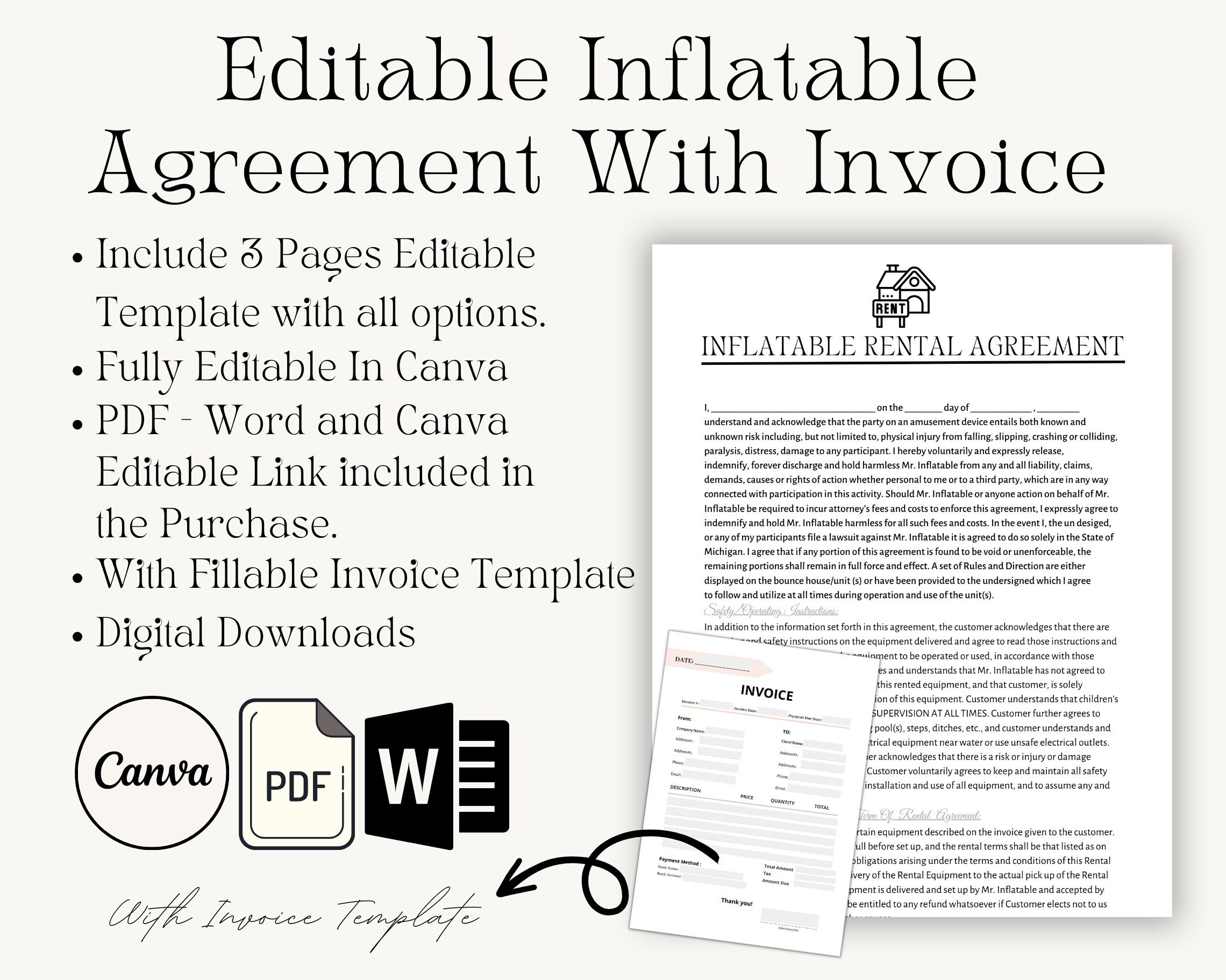 Inflatable Rental Agreement Template, DIY Editable, Inflatable Rent ...