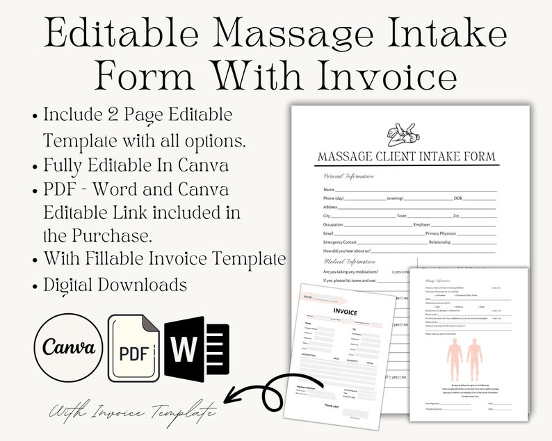 Professional Massage Intake Form, Massage Consent Form, Massage ...