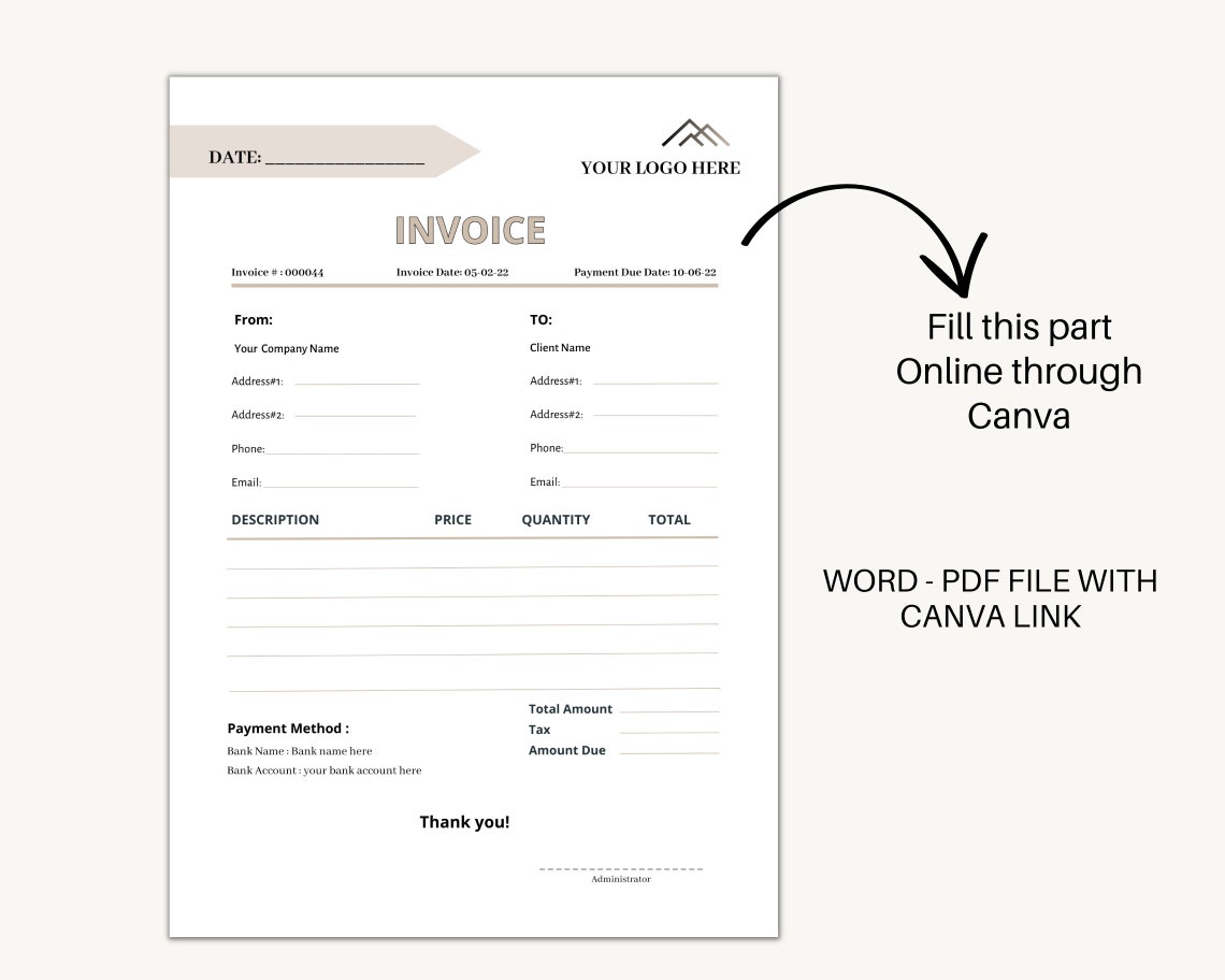 Printable Invoice Template, Canva Template, Word, Fillable Business ...