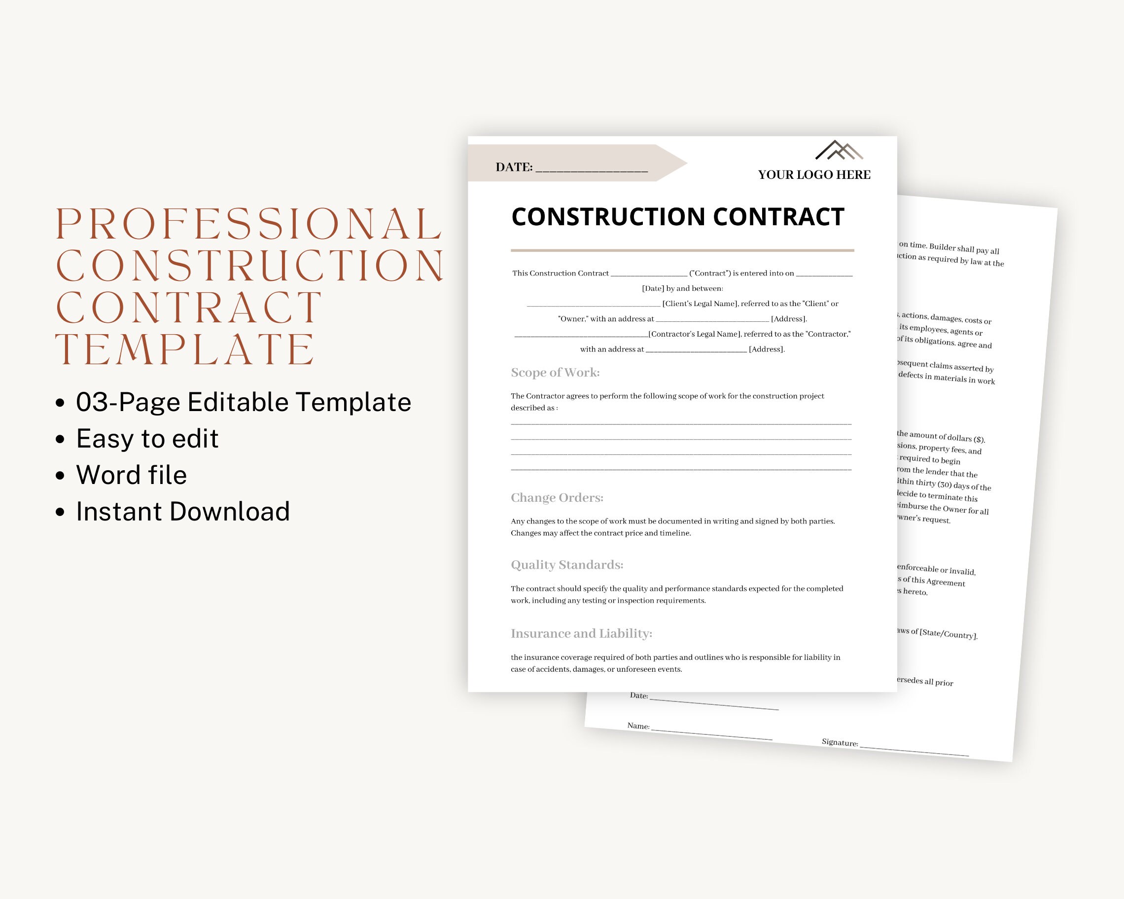 Editable Construction Contract Template, Contractor Contract Agreement ...