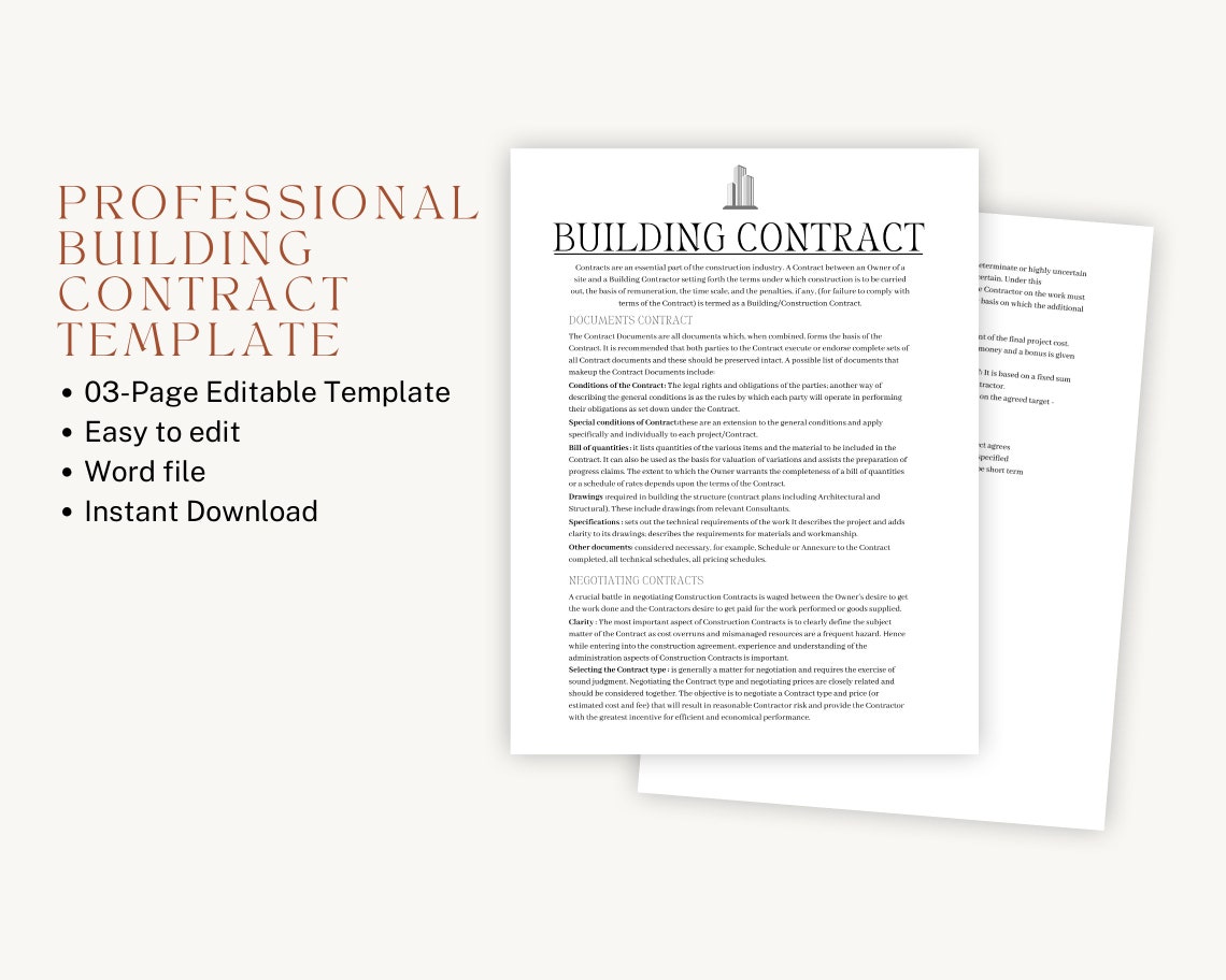Editable Building Construction Contract Template, Contractor Contract ...
