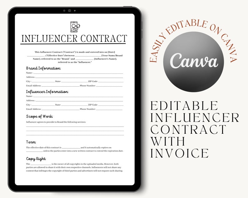 Editable and Printable Social Media Influencer Contract Template ...