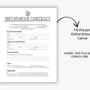 Editable and Printable Social Media Influencer Contract Template, Influencer Contract Template ...