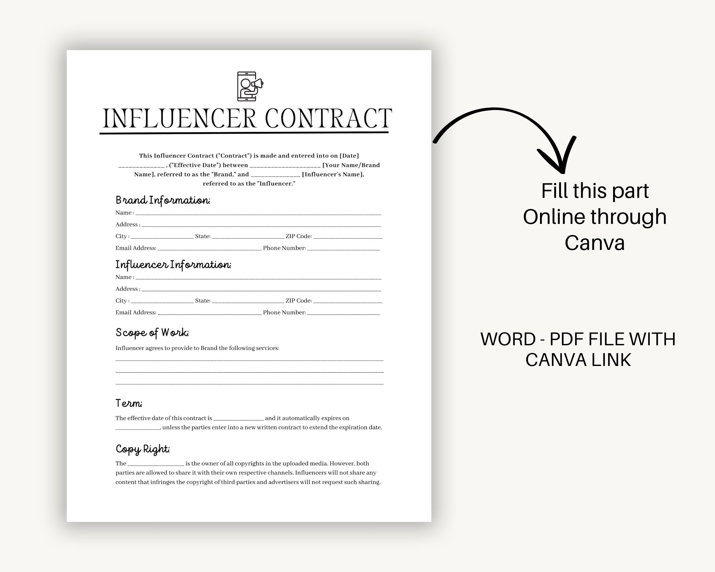 Editable and Printable Social Media Influencer Contract Template ...