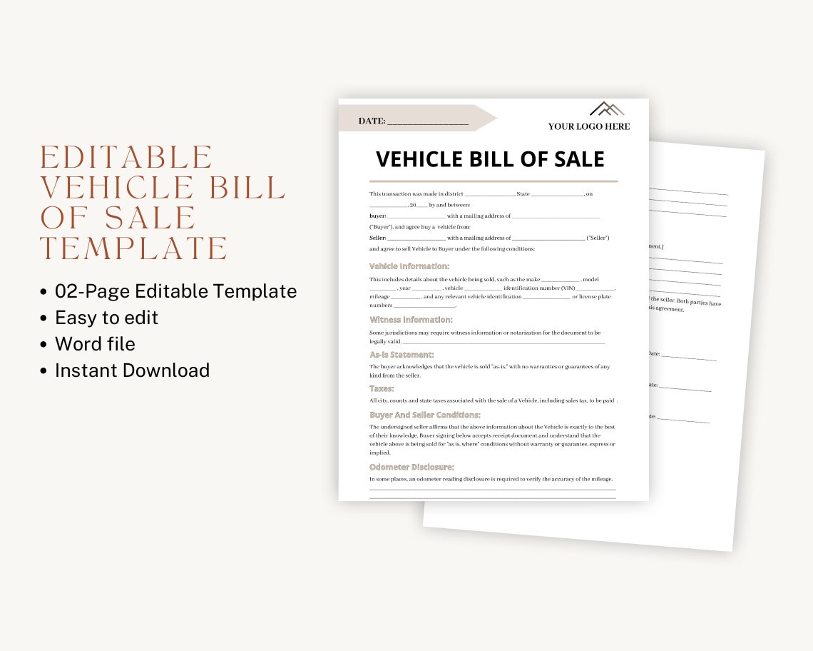 Editable Vehicle Bill of Sale Motor Vehicle Sale Contract - Etsy Canada