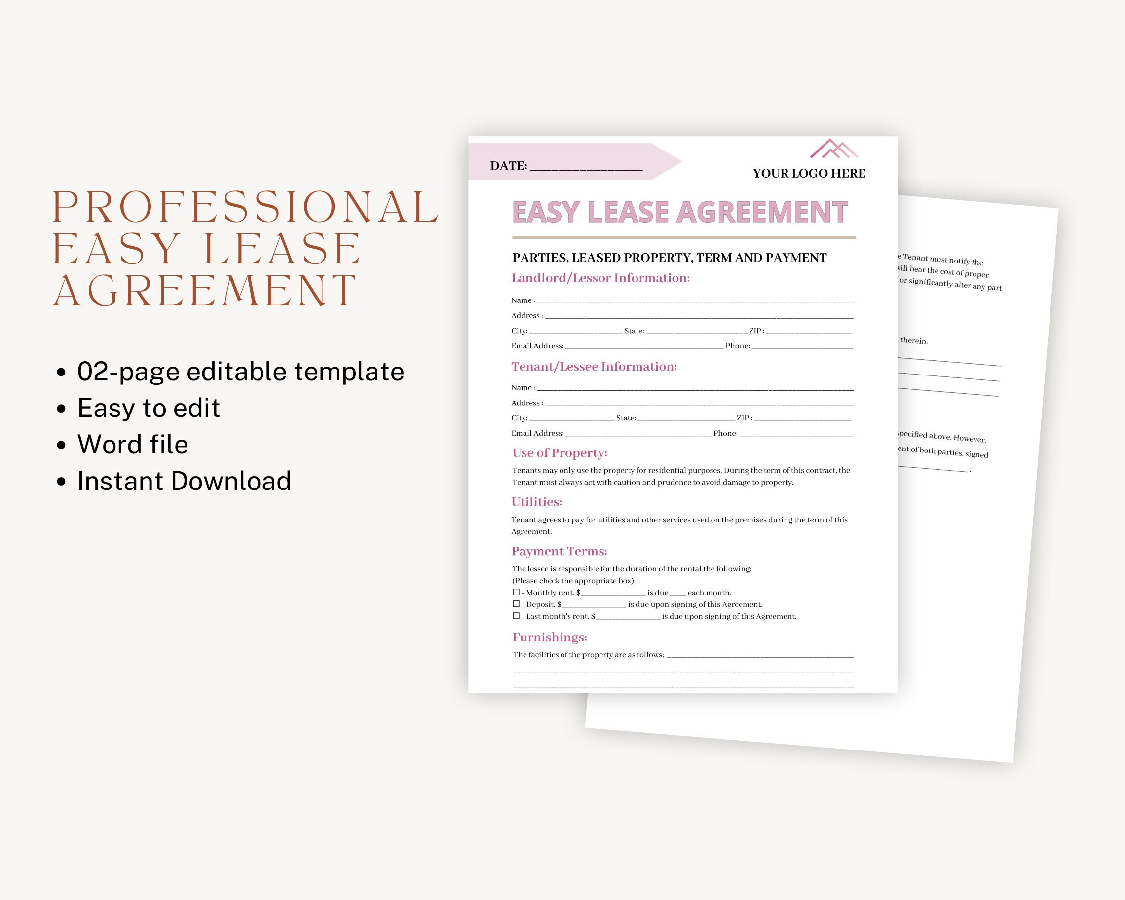 Editable Easy Lease Agreement Template, Rental Lease Contract Agreement ...