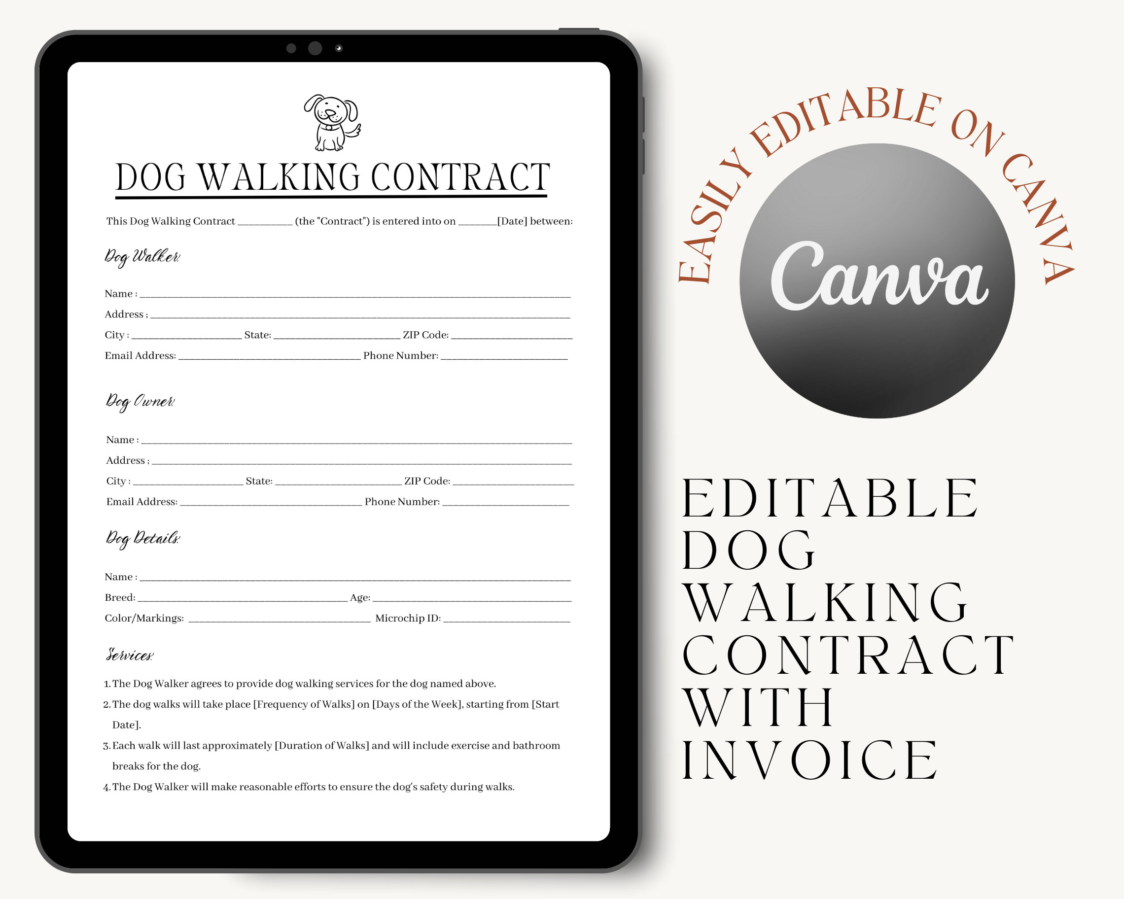Dog Walking Service Agreement/contract Template, Editable & Printable ...