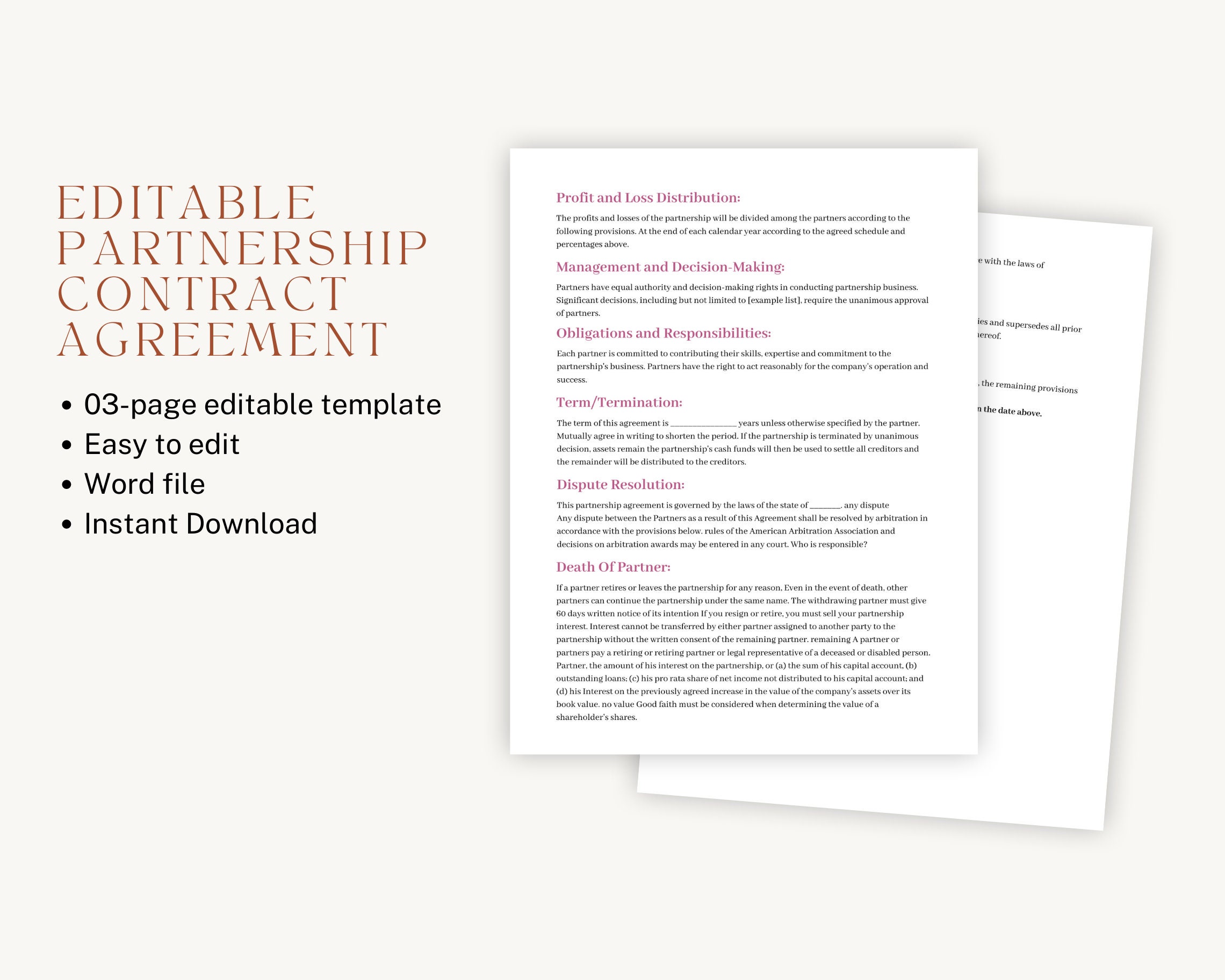 Editable Partnership Agreement Template, Partnership Contract ...