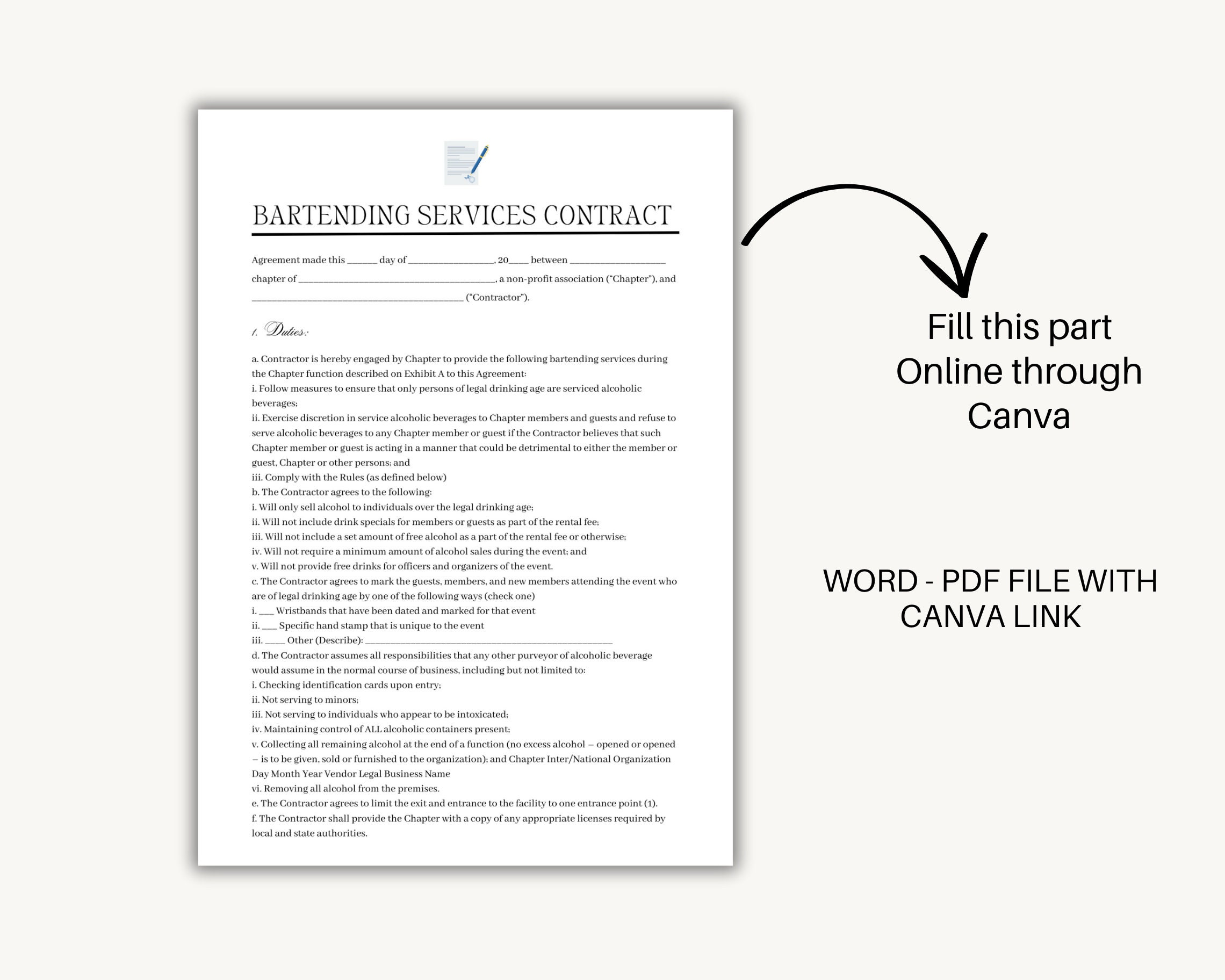 Editable Bartending Contracts, Bartender Agreement Template, Bartender ...