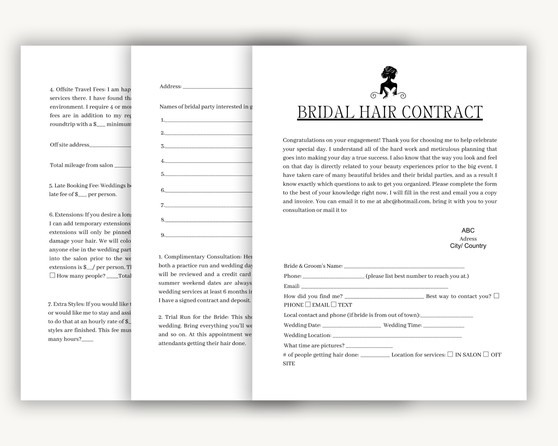 Editable Bridal Hair Contract Template Bridal Hairstylist Contract ...