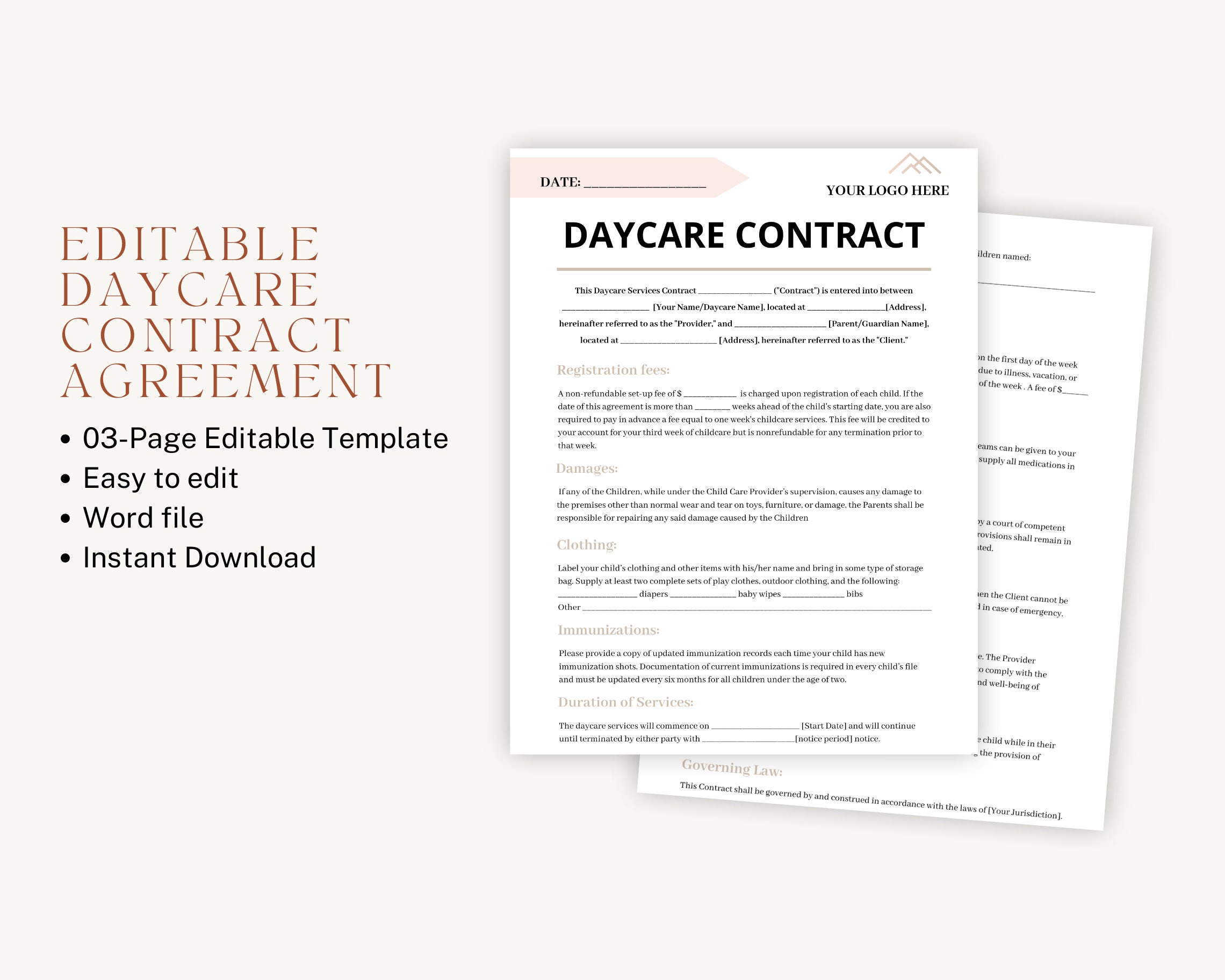 Editable Home Daycare Service Contract Template, Home Daycare Agreement ...