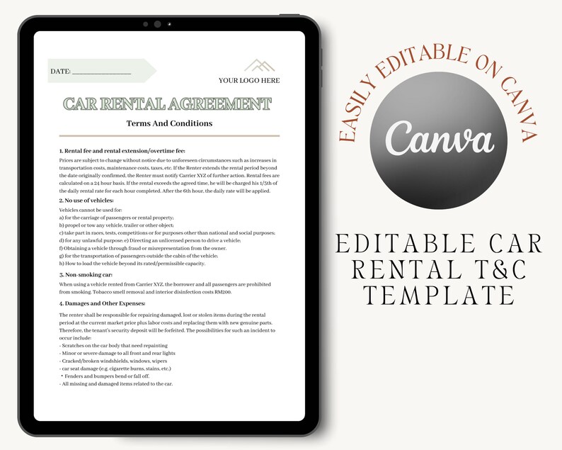 Editable Car Rental Agreement T&C Template, Vehicle Agreement Canva Template, Car Lease ...