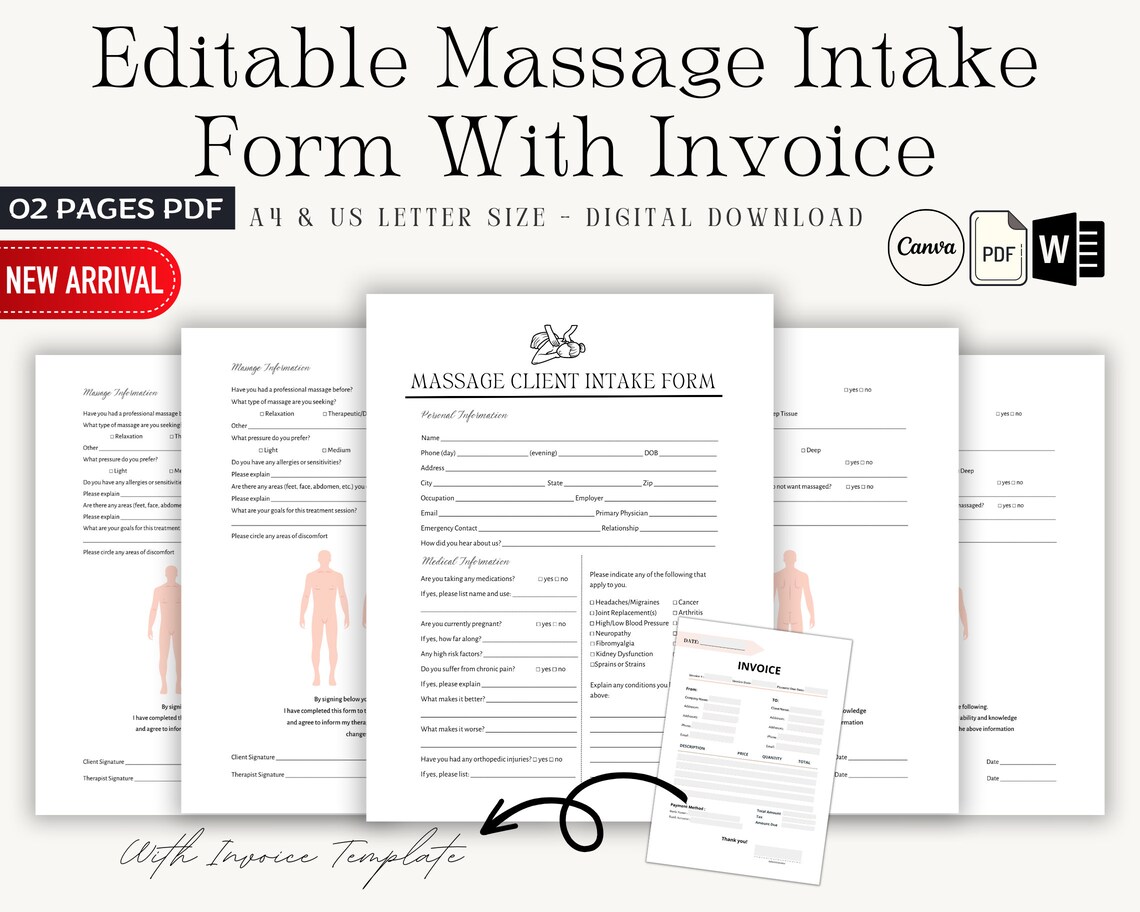 Professional Massage Intake Form, Massage Consent Form, Massage ...