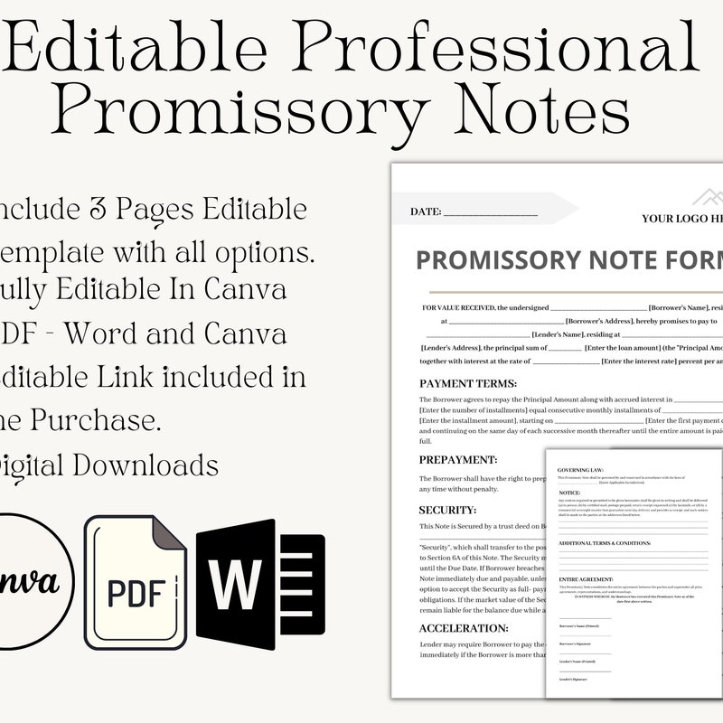 Promissory Note Template - Etsy