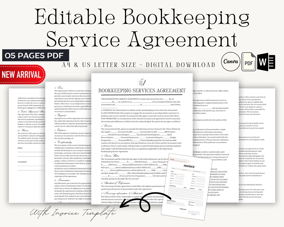Editable Bookkeeping Service Agreement, Contract for Bookkeeper ...