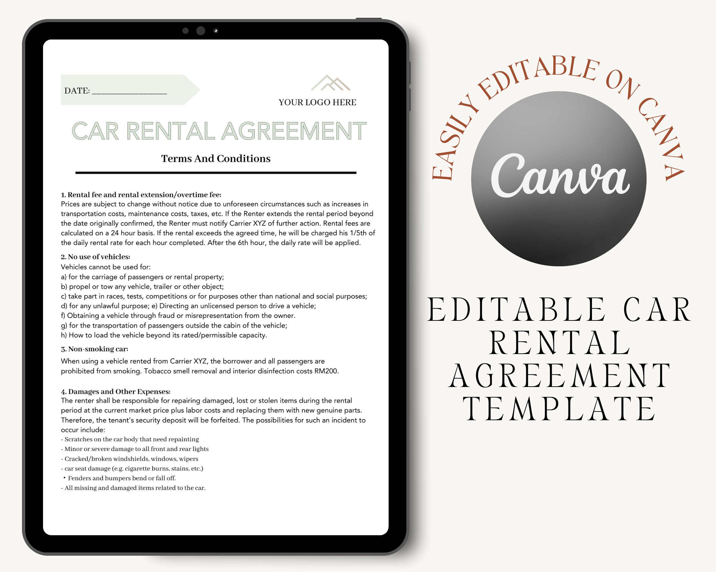 Editable Car Rental Agreement Template, Car Rental Contract, Car Rental ...