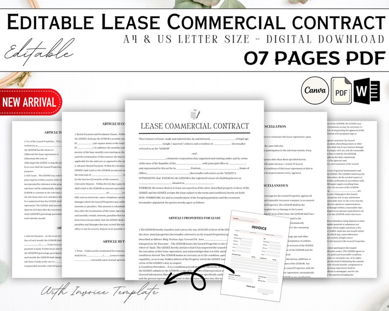 Editable Lease Commercial Contract Agreement Template With Invoice, Lease Contract Template ...