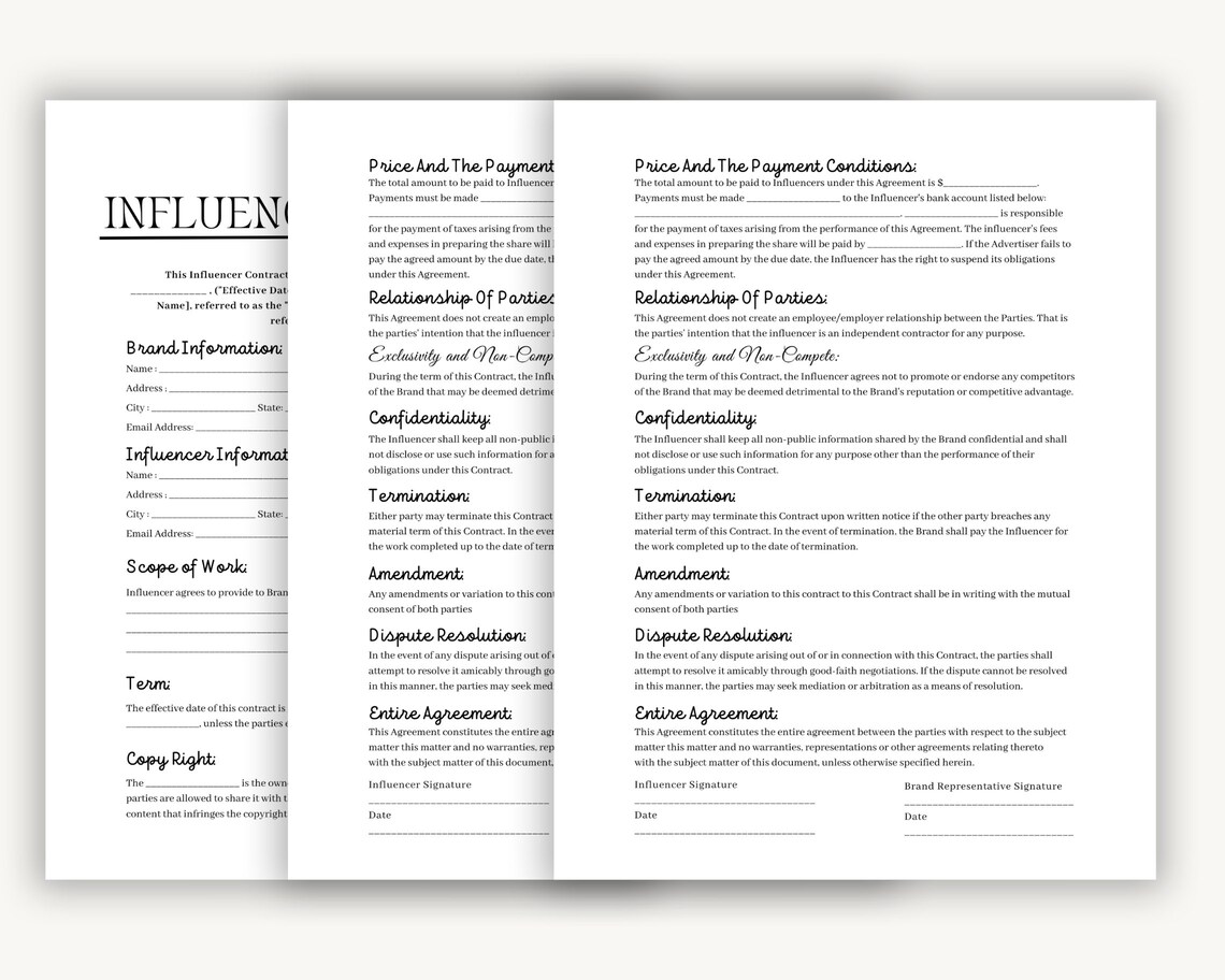 Editable and Printable Social Media Influencer Contract Template ...