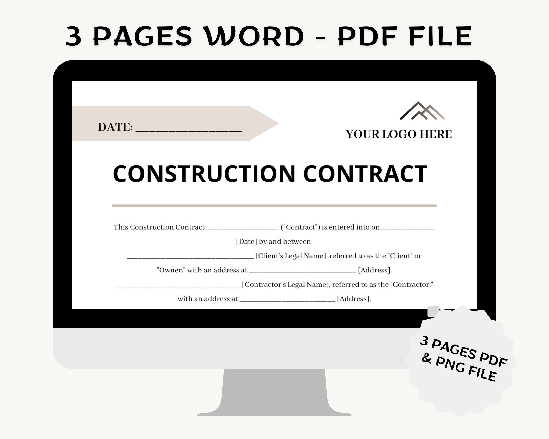 Editable Construction Contract Template, Contractor Contract Agreement ...