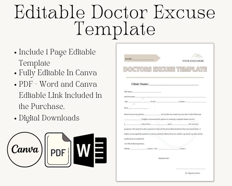 Editable Doctor Excuse Template, Doctor Excuse for Work, Doctor Excuse ...