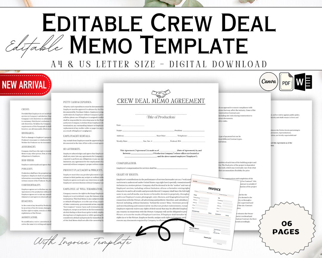 Editable Crew Deal Memo Contract Agreement Template, Editable Contract ...