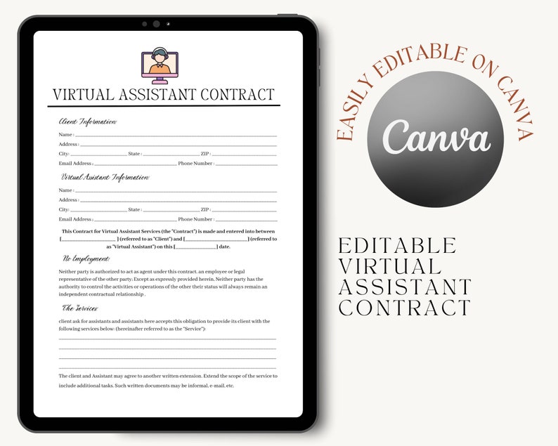Editable Virtual Assistant Contract, VA Contract Template, Social Media ...