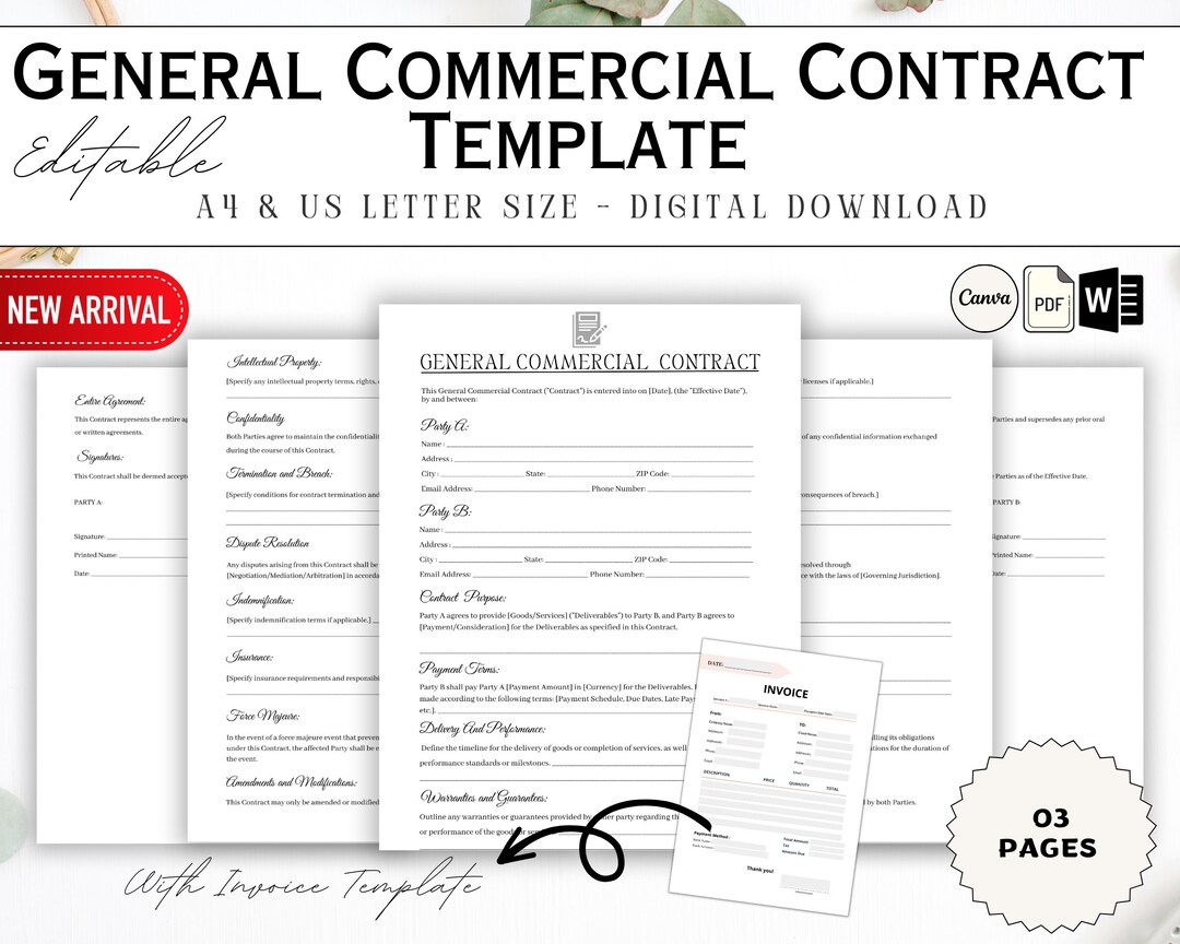 Editable Commercial Contract Agreement Template With Invoice, Editable ...