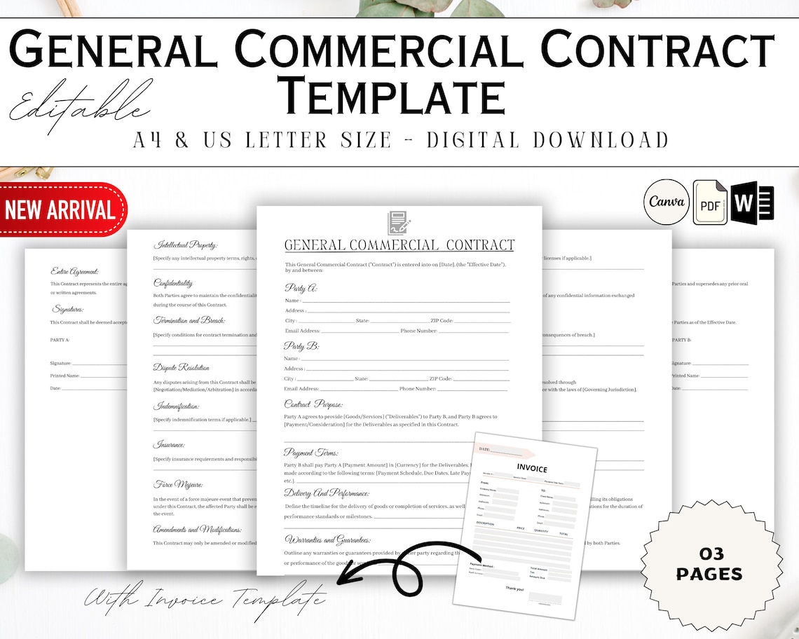 Editable Commercial Contract Agreement Template With Invoice, Editable ...