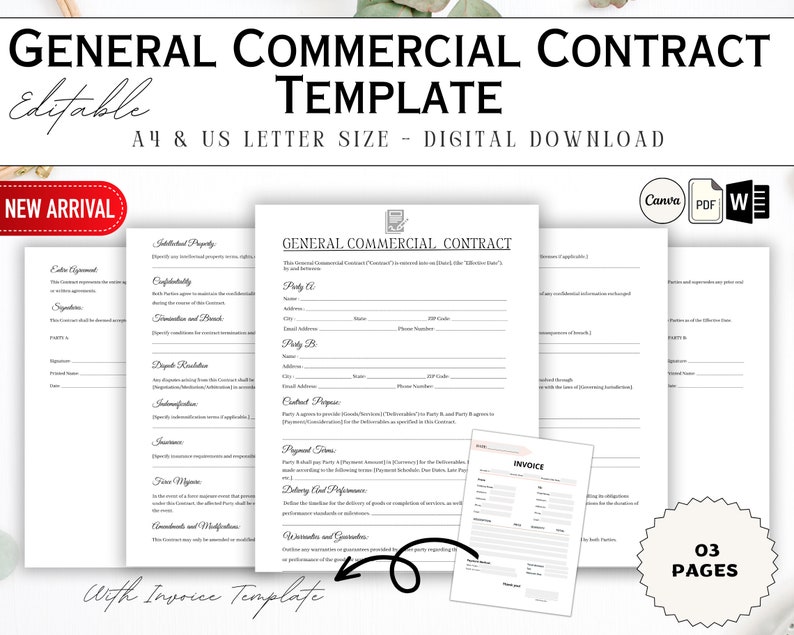 Editable Commercial Contract Agreement Template With Invoice, Editable ...