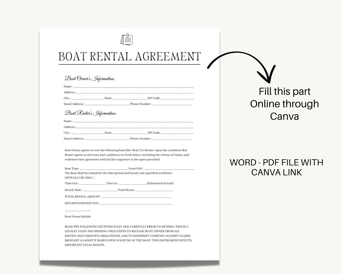 Editable Boat Rental Agreement Template, Contract Template, Rental ...